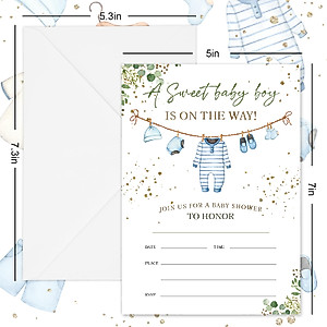 Whaline 25 Sets Boy Baby Clothes Baby Shower Party Invitations with Envelopes Stickers Blue Cute Party Invitation Paper Cards Fill-In Invites for Birthday Gender Reveal Party Supplies, 5 x 7 Inch
