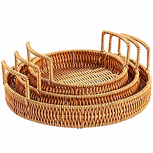 Cedilis 3 Pack Woven Serving Tray with Handles, Round Bread Serving Basket, Poly-Wicker Basket Tray, Decorative Imitation Rattan Fruit Tray for Serving Bread, Vegetable, Snack, 12Inch, 10Inch, 8Inch