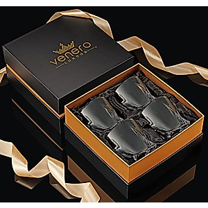VENERO Crystal Whiskey Glasses, Set of 4 Rocks Glasses in Satin-Lined Gift Box - 10 oz Old Fashioned Lowball Bar Tumblers for Drinking Bourbon, Scotch Whisky, Cocktails, Cognac