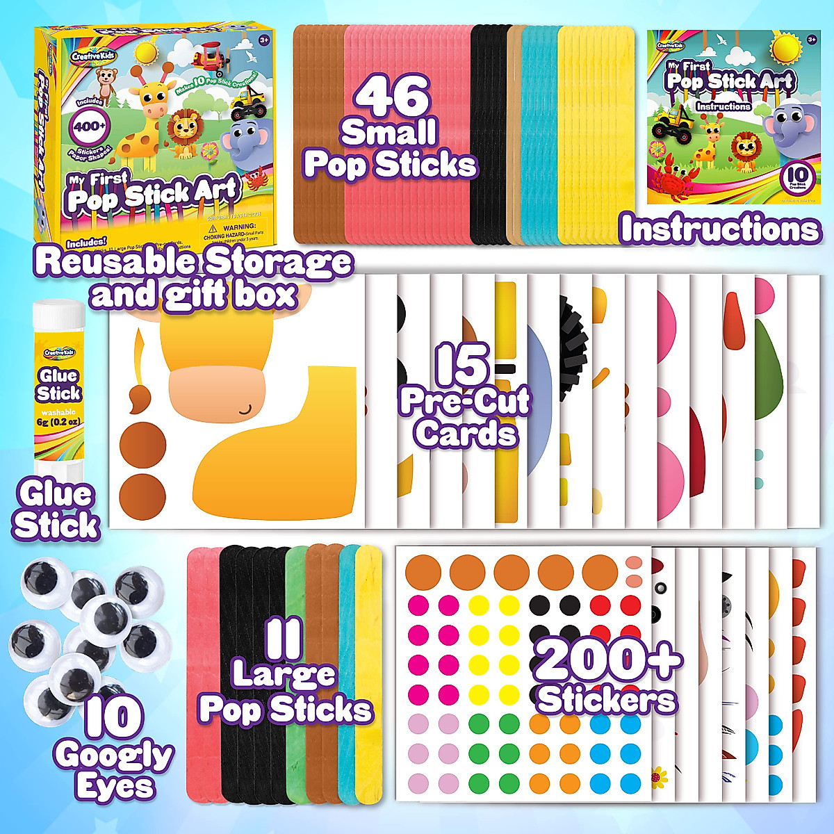 Creative Kids Preschool Crafts for Kids Create 12 Pop Stick Art Figures with 400+ Stickers & Punch Outs Toddler Art Set, Fine Motor Activities for Toddlers Arts and Crafts for Kids Age 3+