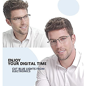 JJWELL 3 Pack Blue Light Reading Glasses for Men, Lightweight Metal Rectangle Semi Rimless Readers for Men, Anti Eyestrain/Computer Glare/UV, Half Frame Spring Hinge Eyeglasses with Pouches