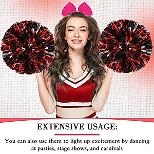 Hanaive 6 Pcs 13 Inch Cheerleading Pom Poms and Large Bows for Girl Cheer Poms Metallic Poms with Handle for Softball Dance(Red and Black)