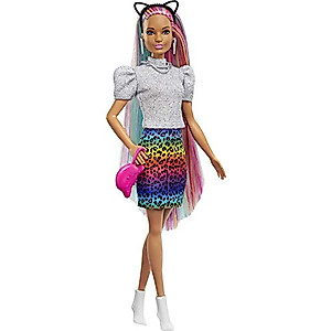 Barbie Doll Leopard Rainbow Hair Brunette With Color-Change Highlights & 16 Styling Accessories Including Clothes, Scrunchies, Brush & More