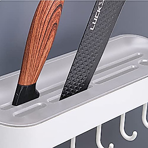 Knife Block Holder Wall, Knife Organizer Storage Shelf Rack Bar with Slots, Sharpening Rod Hooks for Kitchen Cooking White