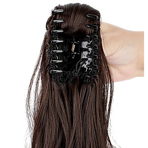 FELENDY Ponytail Extension Claw 18" 20" Curly Wavy Straight Clip in Hairpiece One Piece A Jaw Long Pony Tails for Women Medium Brown