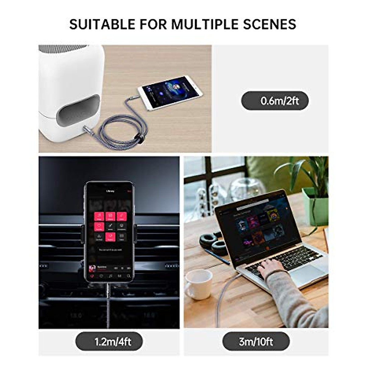 RIKSOIN Aux Cord, 3-Pack (2 ft+4 ft+10 ft) 3.5 mm Male-to-Male Auxiliary Audio Cable [Shield, Hi-Fi Sound] Nylon Braided Aux Cable for Car, Home Stereos, Headphone, Speaker, MP3, iPhone iPad (Grey)