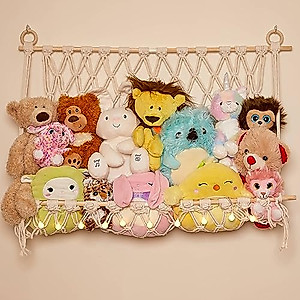 Lilly's Love Stuffed Animal Macrame Hammock Display Swing w/String Lights | Large Boho Style Rope Net Holder for Kids Toys | Hanging Corner Nursery Storage Organizer for Your Plushie Pets (White)