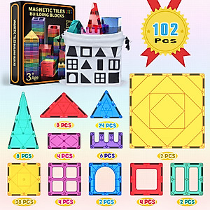 Magnetic Tiles STEM Building Toys for 3+ Year Old Boys Girls 102PCS Magnet Blocks Kindergarten Classroom Must Haves Sensory Toys Preschool Learning Educational Toys Kid Age 3-5, 4-6, 6-8 Gifts
