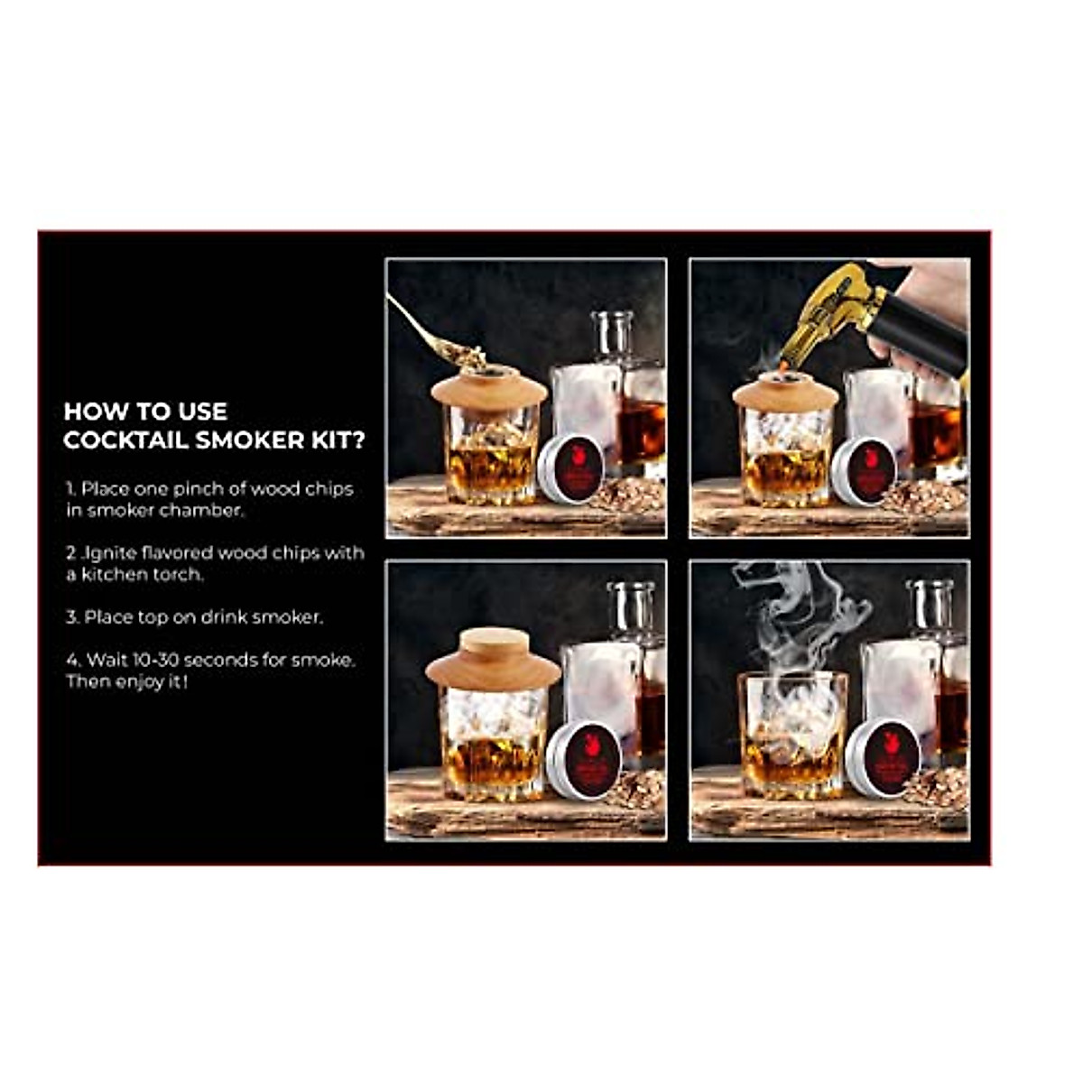 Premium Cocktail Smoker Kit with Torch and Wood Chips, 4 Flavors - Old Fashioned Smoker Kit, Bourbon & Whiskey Drink Smoker Infuser Kit - Whiskey Gifts for Men, Dad, Husband (No Butane)