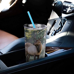 FHENMSA Reusable Plastic Water Cups with Lids,Fall Moose Deer Print Anti-overflow Cup,sports Travel Coffee Cup