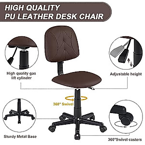 VECELO Small Computer Task Chairs NO-Armrests PU Leather Low-Backrest,with 360°Quiet Swivels Adjustable Height for Home Office Study Rooms,Coffee,Set of 2