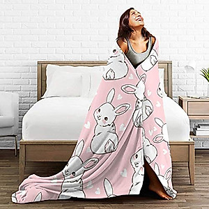 Gaseekry Blanket Hand Drawn Rabbit Bunny Heart Fleece Flannel Throw Blankets for Couch Bed Sofa Car,Cozy Soft Blanket Throw Queen King Full Size for Kids Women Adults 80"X60"