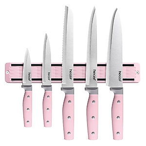 hecef Kitchen Knife Set with Magnetic Strip, 6 pcs Professional Knives Set for Kitchen, 13-inch Magnetic Strip Stainless Steel Sharp Chef Knife Set with Pink Handle for Cutting Meat & Vegetable