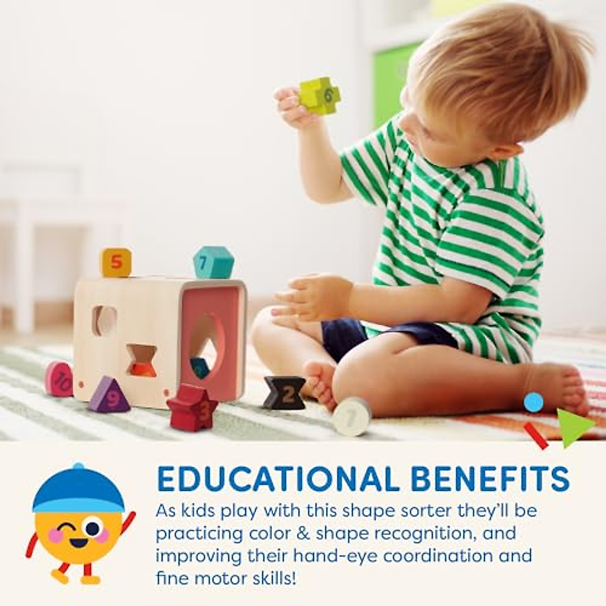 Battat – Shape Sorter For Toddlers, Kids – Wooden Learning Cube – 10 Colorful Wood Shapes With Numbers – Count & Sort Cube – 1 Year + – Count & Sort Cube