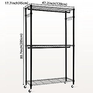 SIMFLAG Clothing Rack, 3 Tiers Garment Rack with Shelves, Rolling Garment Rack, Clothing Racks for Hanging Clothes, Lockable Wheels and Side Hooks, Max Load 460 lbs