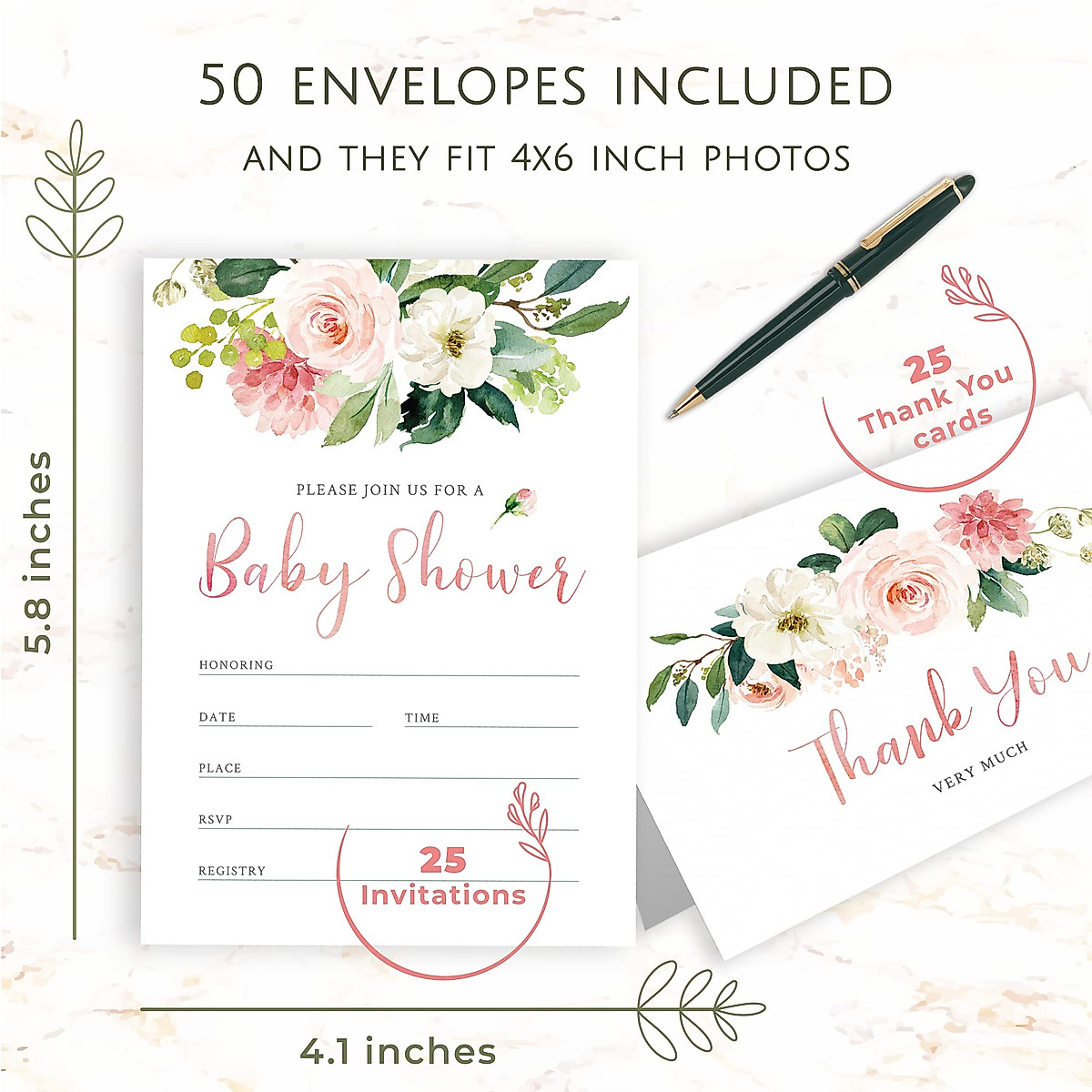 Hat Acrobat Boho Baby Shower Invitations (25pcs) - Pink Floral It's a Girl, Including Envelopes, Diaper Raffle Tickets, Book Request Cards, Thank You Cards