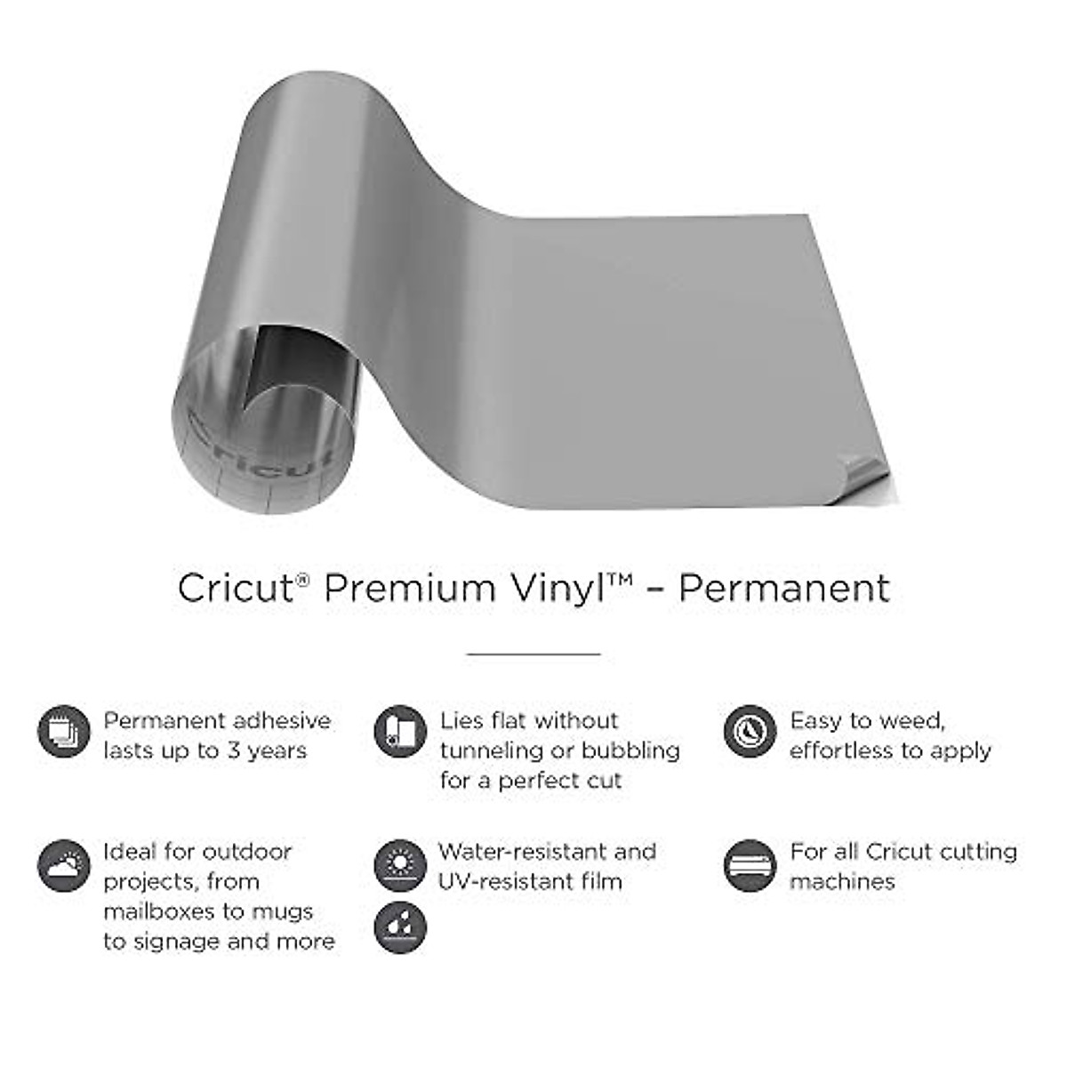 Cricut PREM Vinyl LT 12X48 PERM Premium Permanent Gray-4ft Roll (12"x48") -Compatible with Maker & Explore Machines, Long Lasting, UV & Water-Resistant, Indoor + Outdoor Projects, 4 FT, Light Gray