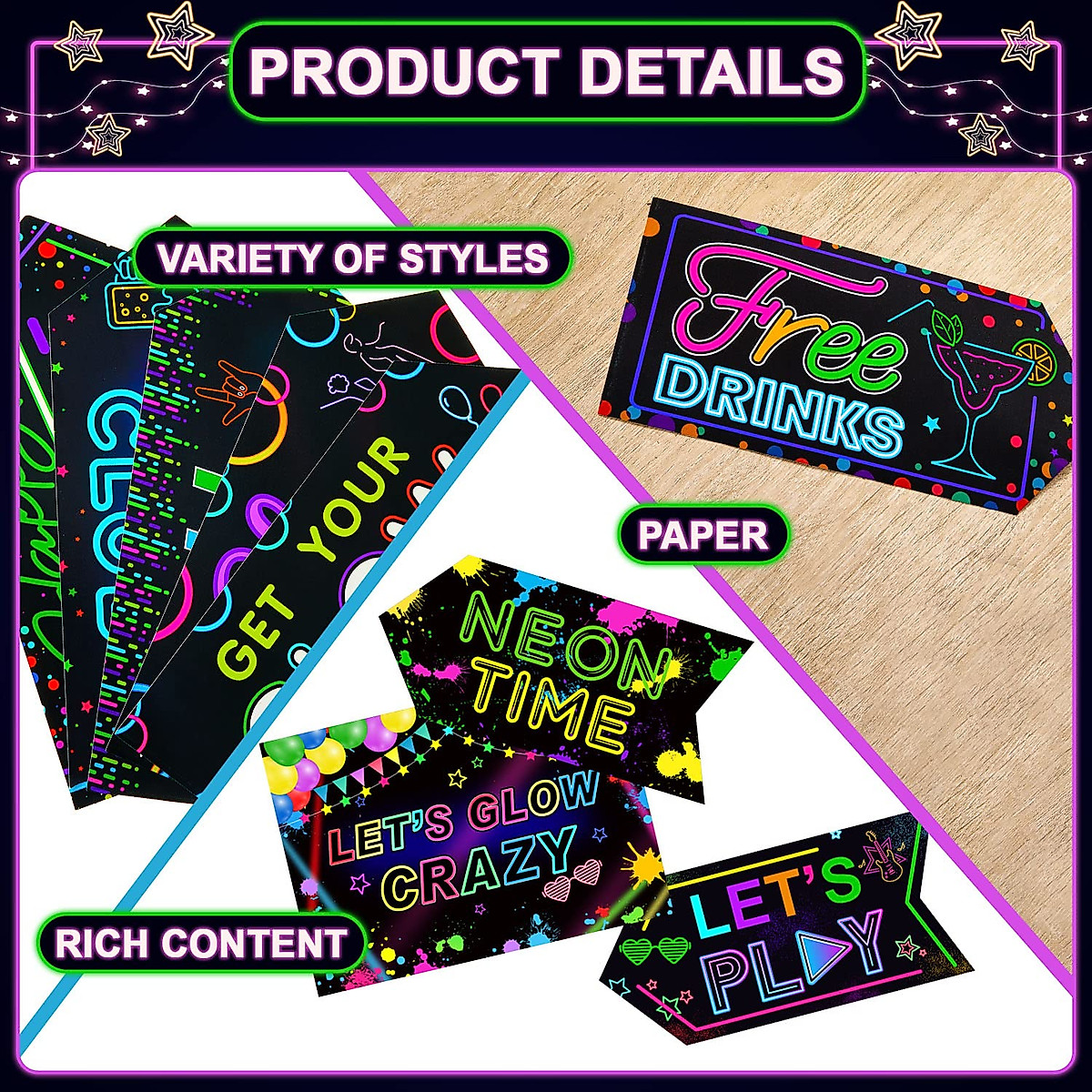 20 Pcs Glow in The Dark Party Decoration Signs Glow Neon Signs Decor Glow Party Supplies Neon Happy Birthday Party Decorations Let's Glow Crazy Welcome Signs for Neon Theme Party Decoration Supplies