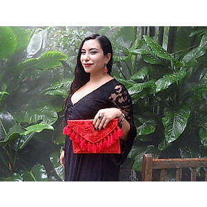 Floral Embroidered Pom Tassel Fringe Slim Envelope Clutch Purse Crossbody Strap Bag - Women Fashion Handmade Boho Accessories (Red)