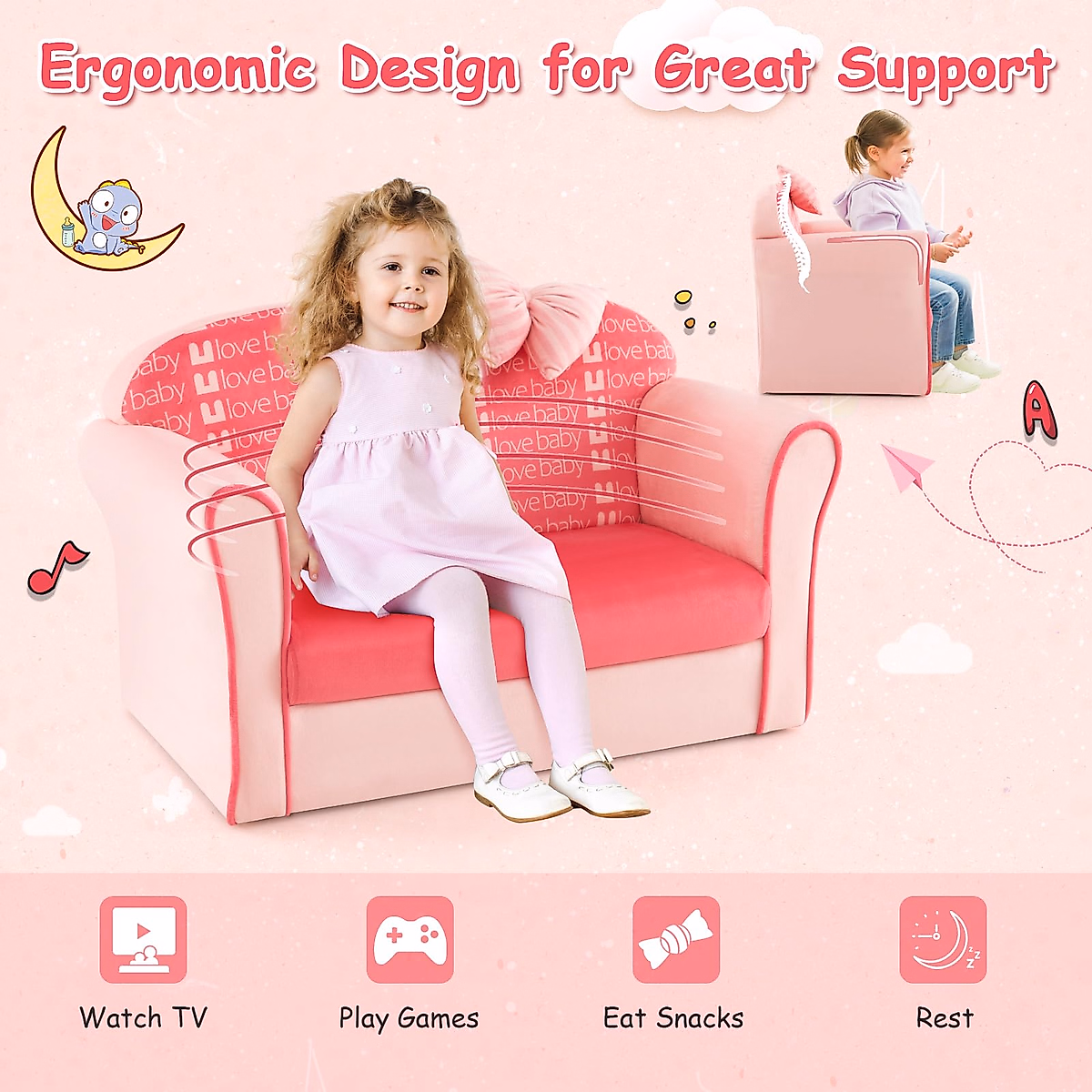 Costzon Kids Pink Couch, Toddler Mini Sofa for Kids Loveseat Aged 1-3, Upholstered Armchair with Velvet Surface & High-Density Sponge, Children's Sofa for Preschool Bedroom Playroom Gift Presents