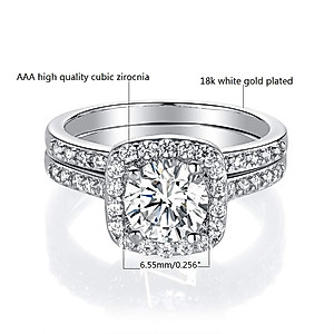 MDFUN 18K White Gold Plated Cubic Zirconia Two-In-One Halo Wedding Engagement Promise Eternity Ring for Women Size 7