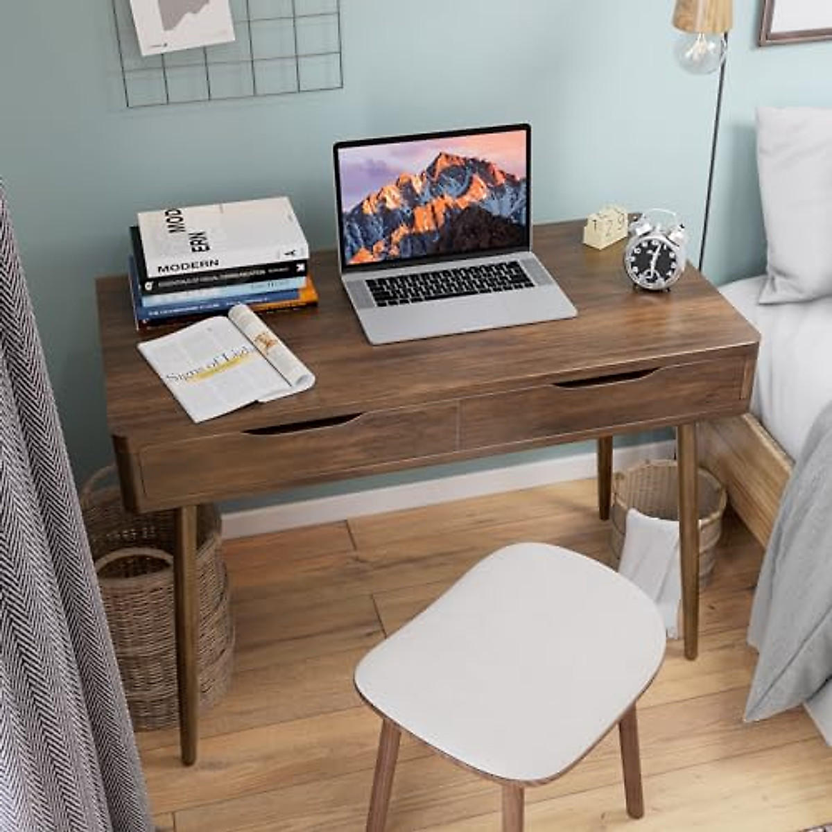 Tangkula Mid-Century Desk with 2 Drawers, Writing Study Desk, PC Laptop Desk, Home Office Computer Workstation for Small Space, Makeup Vanity Console Table (Walnut)