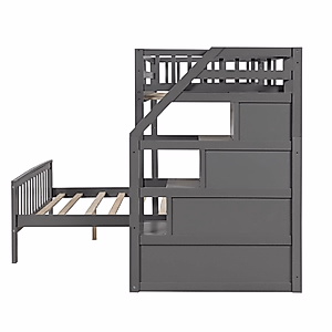 Harper & Bright Designs Gray Twin Over Full Bunk Beds with Staircase, Wooden L Shaped Bunk Beds for Kids, Twin Size Loft Bed with Storage Drawers and Full Platform Bed, No Box Spring Needed (Gray)