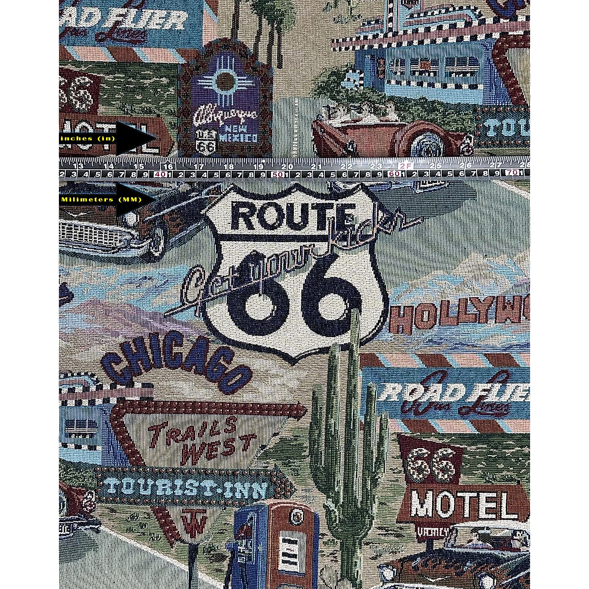 FABRIC EMPIRE - Classic Retro Route 66 Inspired Tapestry Fabric, Motel, Diner, Gas Station Theme - 56" W, Sold by The Continuous Yard, Tote Bags, Accent Pillows, Upholstery (Large, Route 66 Logo)