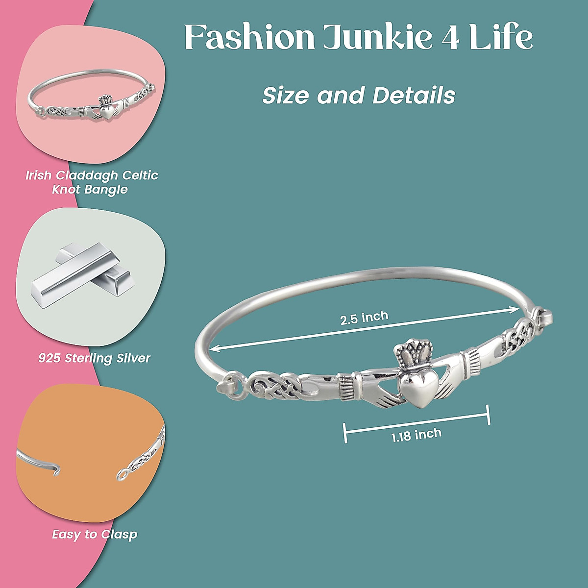 FashionJunkie4Life 925 Sterling Silver Irish Claddagh Celtic Knot Bangle Bracelet