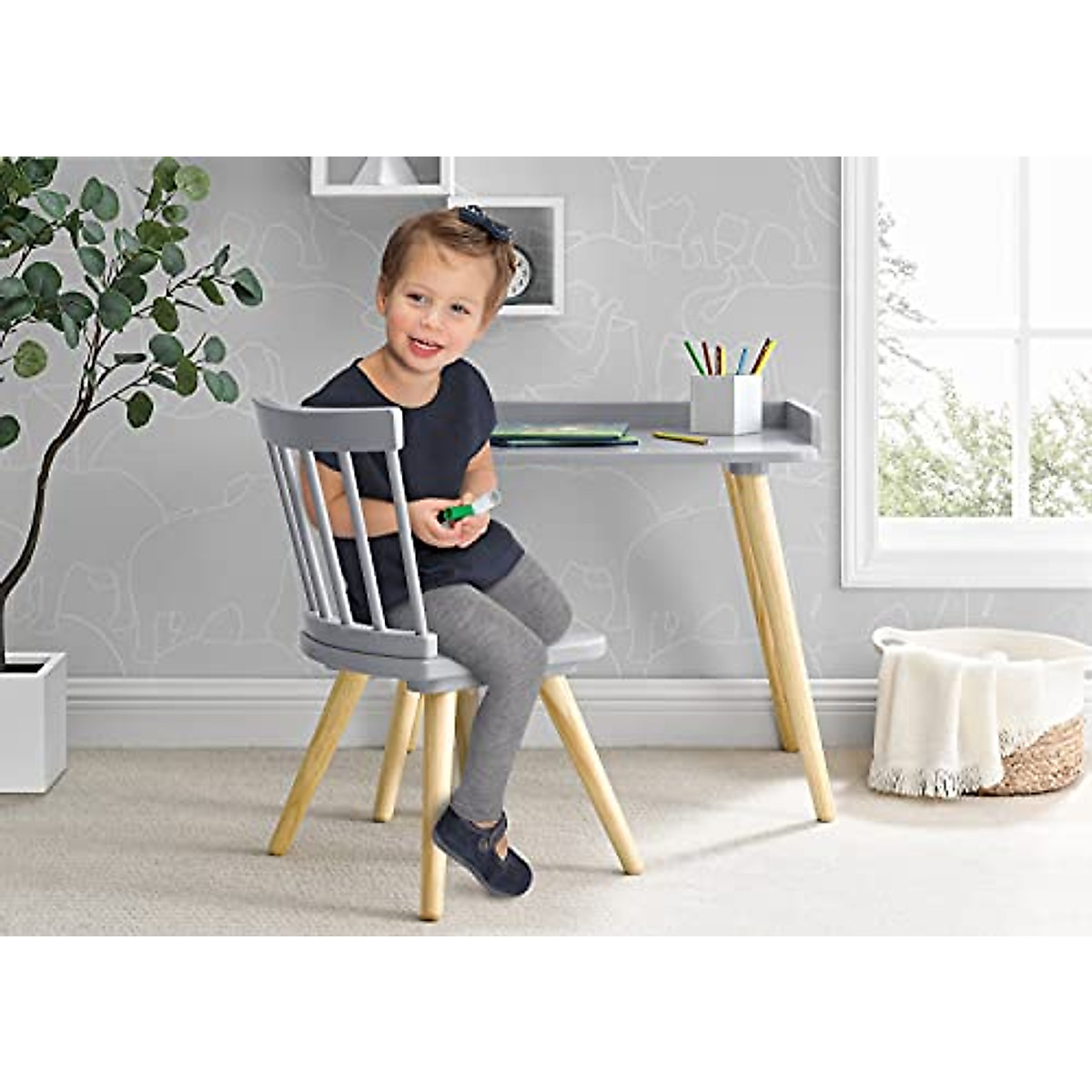 Delta Children Essex Kids' Desk & Chair Set-Greenguard Gold Certified-Ideal for Arts & Crafts, Snack Time, Studying-for Ages 4 Years+, Grey/Natural