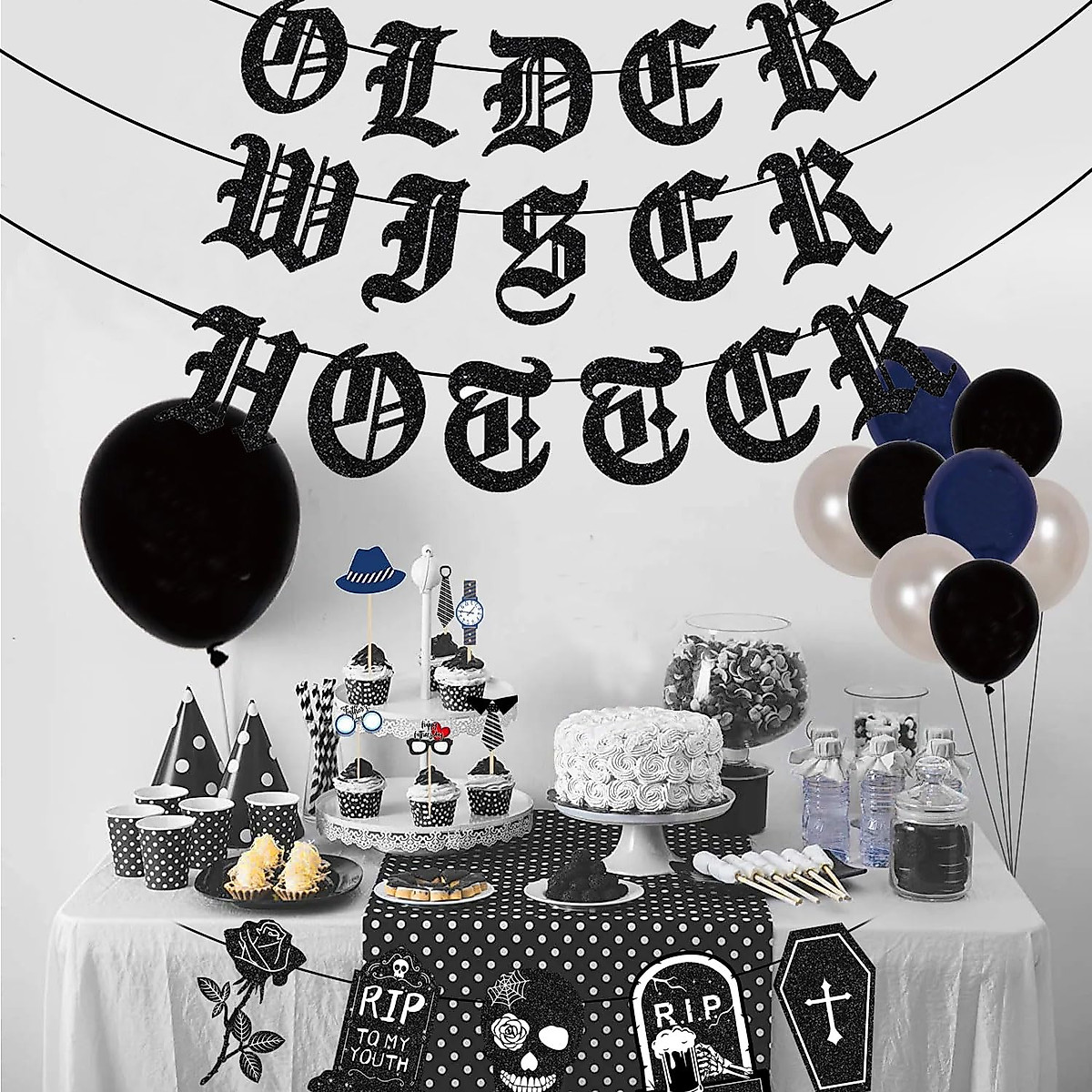 Older Wiser Hotter Banner Funny Black Party Decorations for Women Men Glitter Gothic 30th 40th 50th 60th Birthday Banner Funeral 30th Birthday Party Supplies