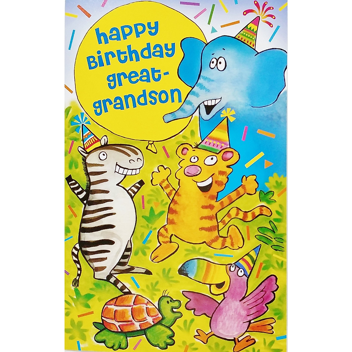 Happy Birthday Great-Grandson Greeting Card w/Jungle Zoo Animals -"Time to Party and Have Fun!"