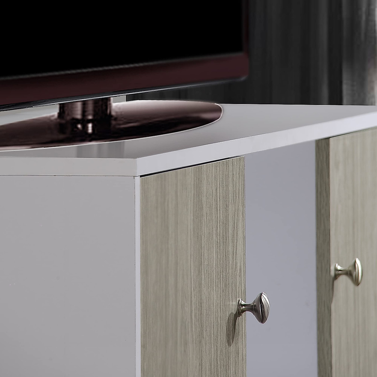 Hodedah Retro Style TV Stand with Two Storage Doors, and Solid Wood Legs, White