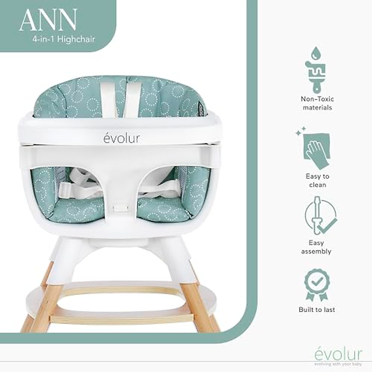 Evolur Ann Beechwood 4-in-1 Highchair | 360 Seat Rotation | Booster seat | Floor Chair | Bar Stool Chair | 5 Point Safety Harness | Blue