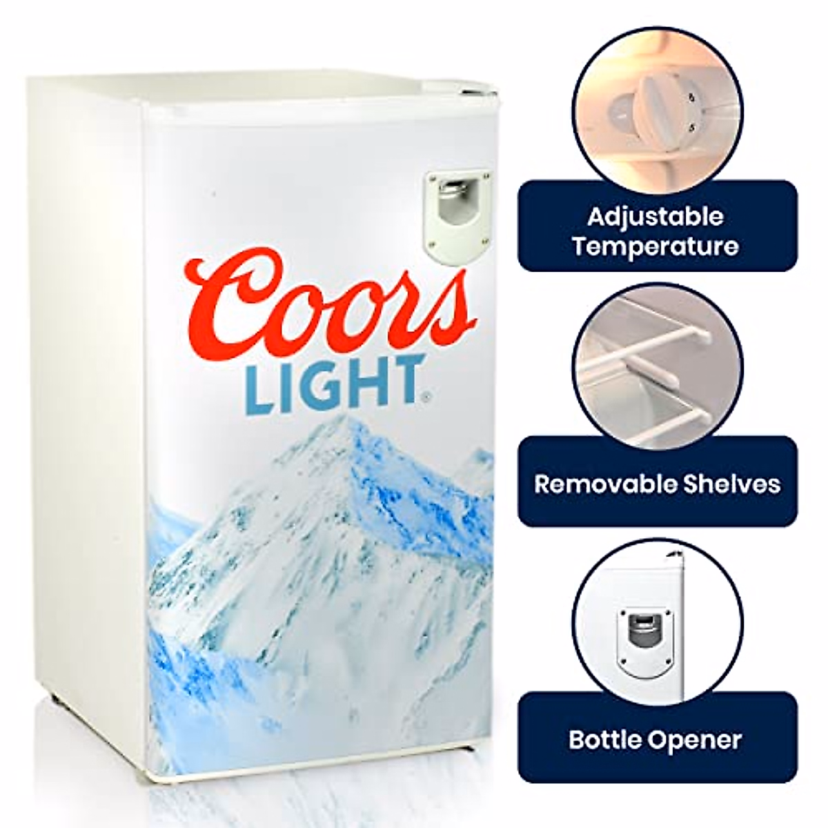 Coors Light Rocky Mountain 3.2 cu ft (90L) refrigerator Compact Fridge Bottle Opener White Space Saving Flat Back Design Reversible Door Adjustable Temperature Control Tempered Glass Shelves Office RV