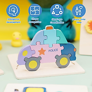 NiToy Wooden Jigsaw Puzzles for Kids, 5 Pack Vehicle Shapes Montessori Building Block Puzzle Toys for 3+ Years Old Boys and Girls Preschool STEM Early Learning Educational Games Gift for 36 Months+