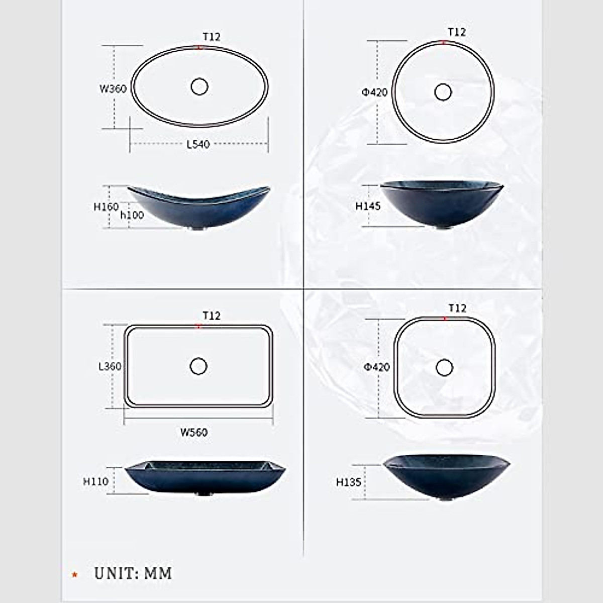 Bathroom Vessel Sink with Drain Combo, Countertop Bathroom Sink Bowl Tempered Glass Vanity Sink Bowl On the Top Navy Blue Vessel Bowl Sink, Does Not Include Faucet,Oval (Square Oval)