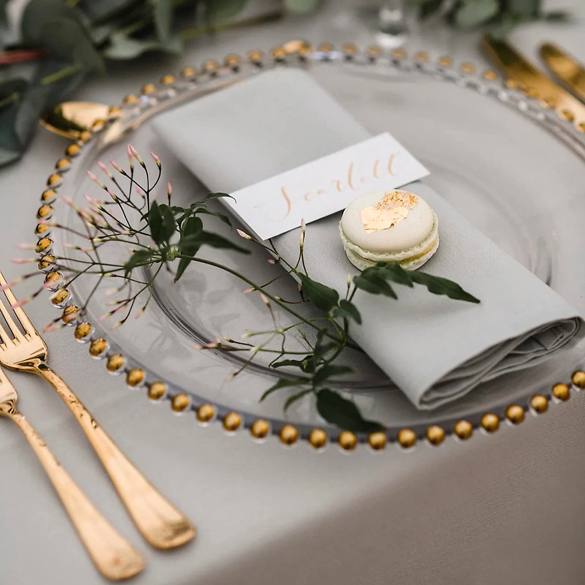 mwellewm Charger Plates Set of 12 and 24 Pack Napkin Rings, Acrylic Gold Beaded Clear 13 Inch Chargers for Dinner Serving Plates Decor Wedding, Party, Decoration