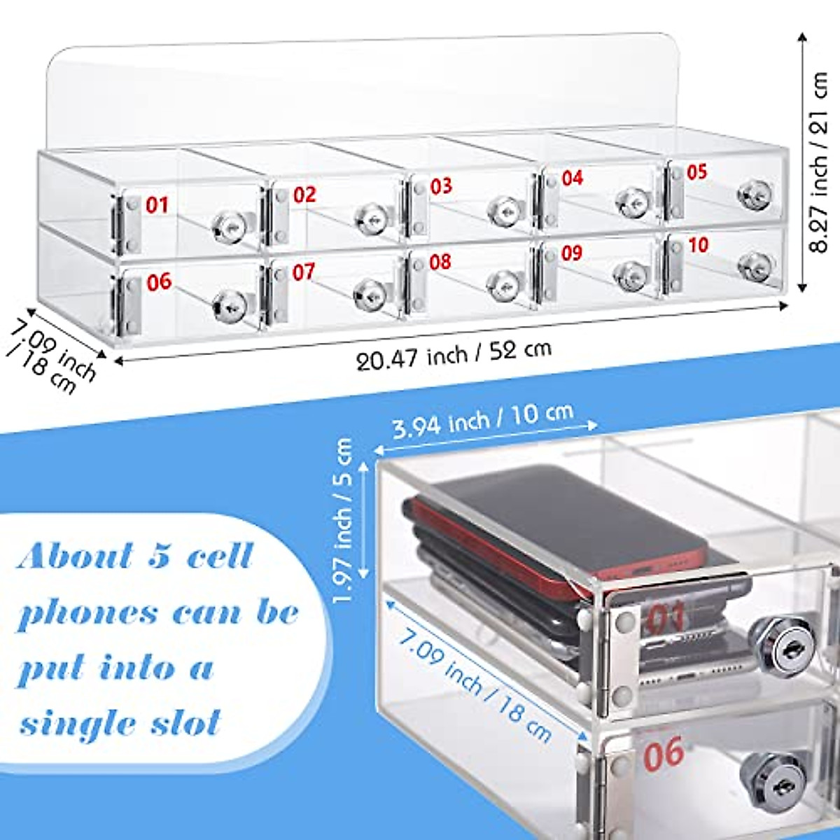 Threan Cell Phone Locker Box Clear Cell Phone Storage Acrylic Cell Phone Lock Box with Door Locks and Keys Wall Mounted Cell Phones Storage Cabinet for Office School Classroom Factory (10 Slots)