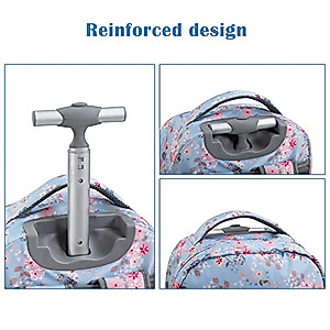 SKYMOVE 18 inches Wheeled Rolling Backpack Multi-Compartment Elementary Books Laptop Roller Bag Short Trip Carry-on for Women and Girls, Light Blue Flowers