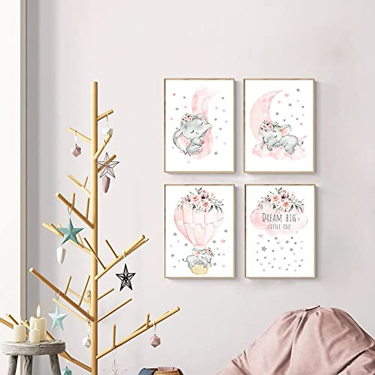 Canssape Pink Elephant Nursery Wall Decor Set of 4 Baby Girl Room Decor Elephant Wall Art Goodnight On A Hot Air Balloon |Dream big little one|(8x10in)(Unframed)