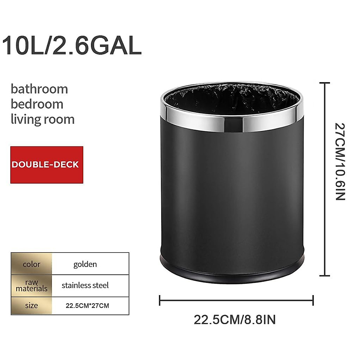 LEASYLIFE,Open Top Hotel Trash Can, Office Metal Black Waste Basket,Round Garbage Can for Hotel,Restaurant,Office