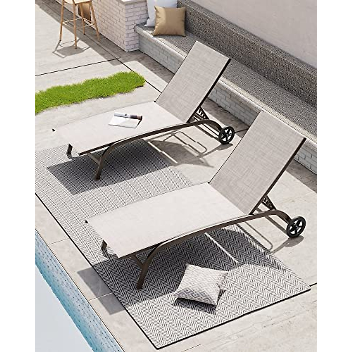 Crestlive Products Aluminum Chaise Lounge Chairs with Wheels Outdoor Adjustable Recliner Five-Position and Full Flat Tanning Chair All Weather for Patio, Beach, Yard, Pool (2PCS Beige)