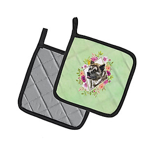 Caroline's Treasures CK4273PTHD Akita Green Flowers Pair of Pot Holders Kitchen Heat Resistant Pot Holders Sets Oven Hot Pads for Cooking Baking BBQ, 7 1/2 x 7 1/2