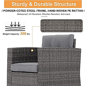 JOIVI 8 Pieces Patio Furniture Set with Fire Pit Table, Outdoor Patio Conversation Set, PE Wicker Sectional Sofa Set with Storage Box for Garden, Poolside, Backyard, 3 Blue Pillows Included, Grey