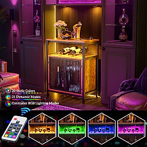 Unikito Wine Bar Cabinet with Power Outlet & LED Light, Home Mini Coffee Bar with Glass Holder, Liquor Cabinet with Wine Rack, Small Sideboard and Buffet Cabinet for Kitchen Dining Room, Rustic Brown