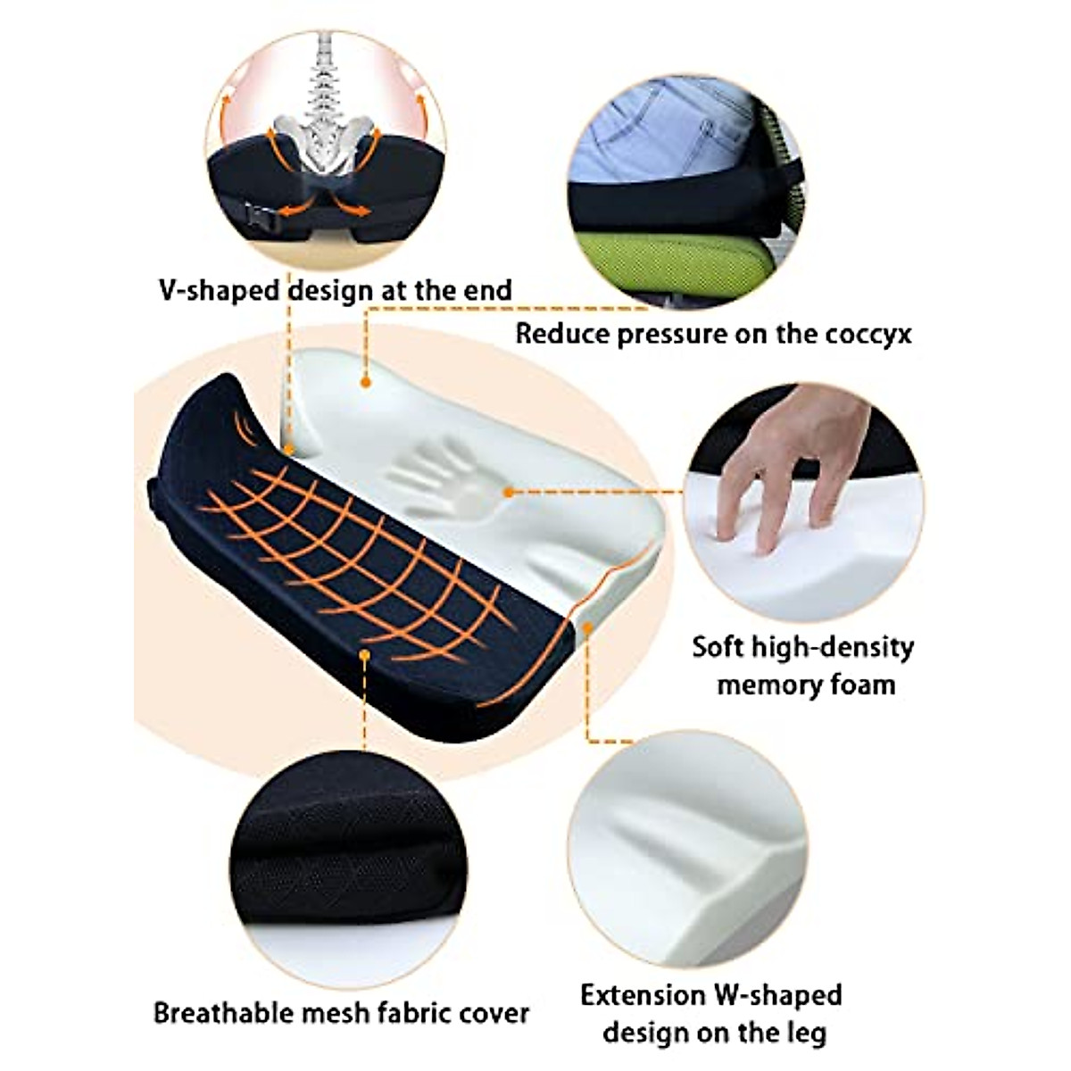 Agsnilove Chair Cushion Memory Foam Car Seat Cushion Wheelchair Comfort Butt Pillow Pad for Truck, Train, Airplane Seat, Office Chair, Reduce Tailbone Pressure, Black