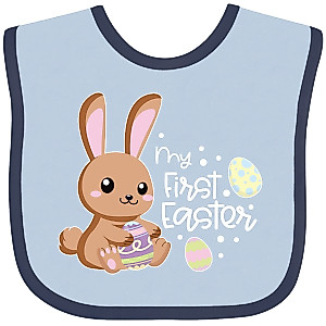 inktastic My 1st Easter with Cute Brown Bunny and Easter Eggs Baby Bib Blue and Navy 3e501