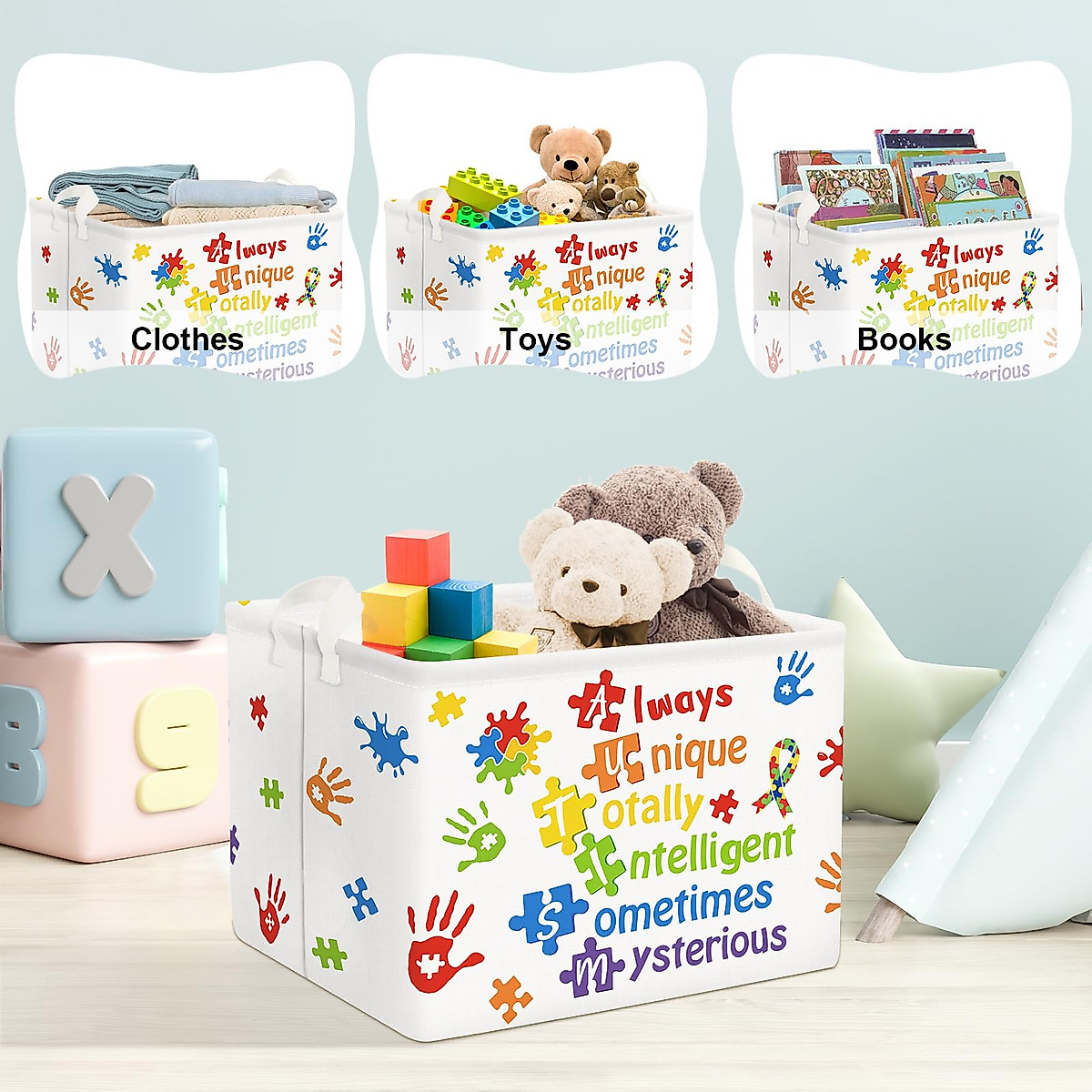 Clastyle Rainbow Baby Laundry Hamper Kid Storage Basket Boy Girl Gift Toy Box Graffiti Handprints Large Clothes Organizer Nursery Bin for Bedroom, (Colorful 36L)