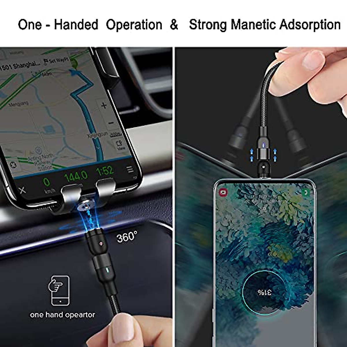 Melonboy 360°&180° Rotation Magnetic Charging Cable[6-Pack, 1.6ft/3.3ft/3.3ft/6.6ft/6.6ft/10ft], Magnetic Phone Charger, 3 in 1 Magnetic Cable Compatible with Micro USB, Type C - Black